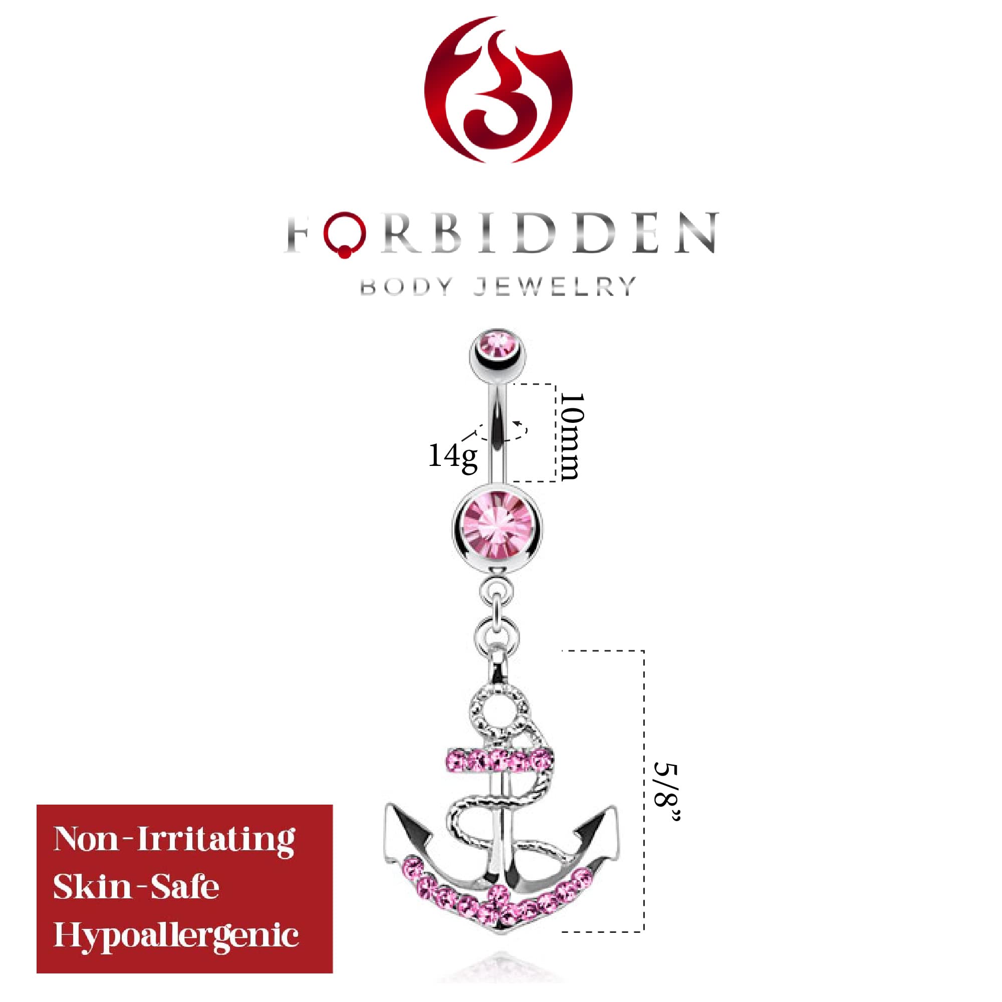 Forbidden Body Jewelry Surgical Steel CZ Crystal Anchor Nautical Dangle Belly Button RIng (Pink)