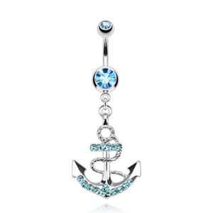 forbidden body jewelry surgical steel cz crystal anchor nautical dangle belly button ring (aqua)