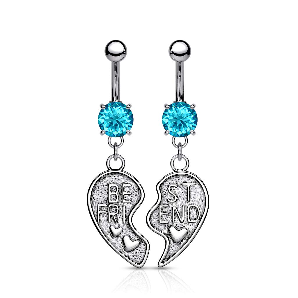 Forbidden Body Jewelry Surgical Steel Set of Best Friend Matching Aqua Jeweled Heart Belly Button Rings