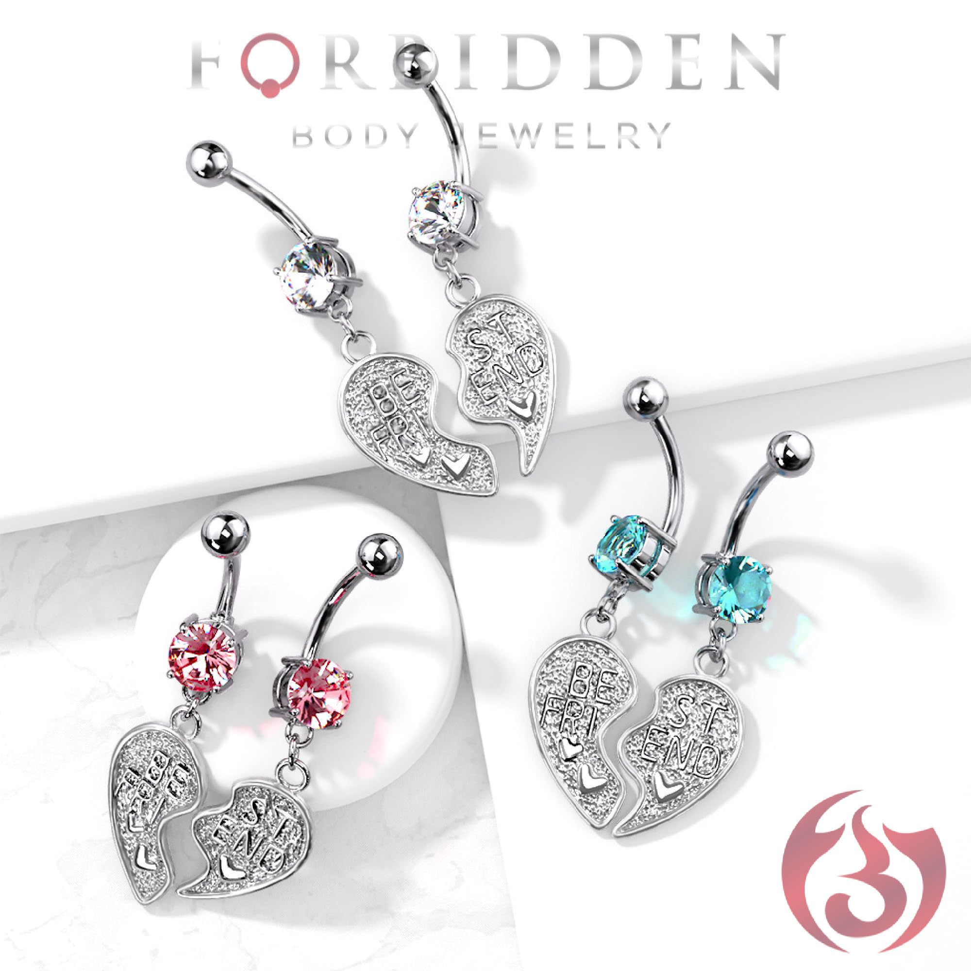 Forbidden Body Jewelry Surgical Steel Set of Best Friend Matching Aqua Jeweled Heart Belly Button Rings