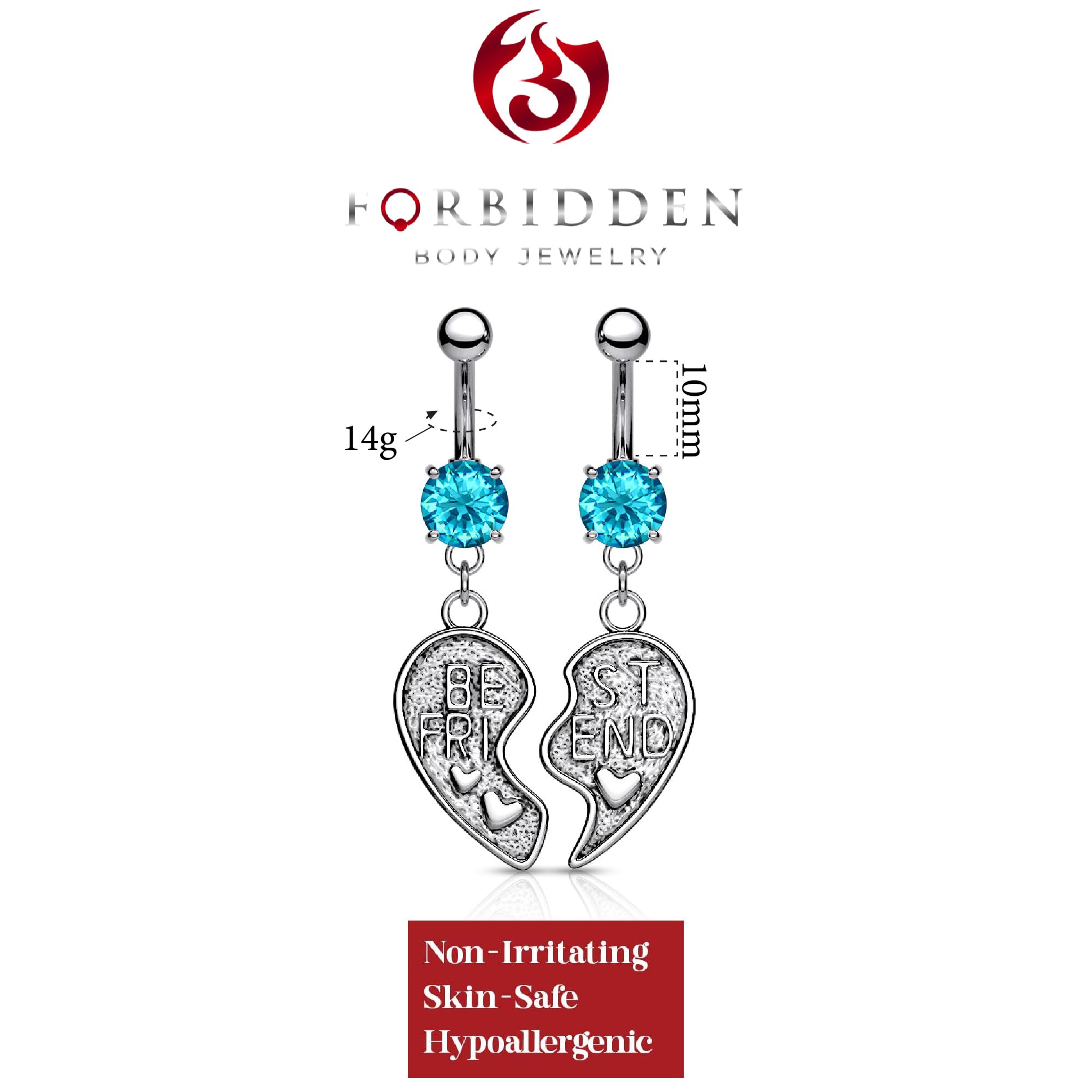 Forbidden Body Jewelry Surgical Steel Set of Best Friend Matching Aqua Jeweled Heart Belly Button Rings