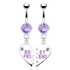 forbidden body jewelry surgical steel set of best friend matching purple gem dangle heart belly button rings