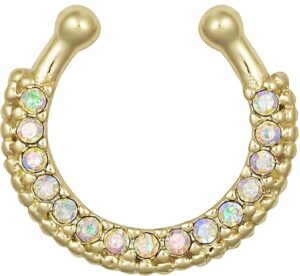 non-piercing septum jewelry: gold plated aurora borealis pave cz crystal clip on septum hanger