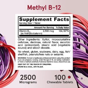 Jarrow Formulas Ultra Strength Methyl B-12 2500mcg, Dietary Supplement for Cellular Energy Production and Brain Health Support, 100 Tropical-Flavored Chewable Tablets, 100 Day Supply