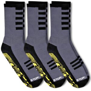 stopsocks - hospital socks plus yoga, traction, gym, tread, non skid, anti slip socks - megaformer plus the perfect running sock grey / yellow - crew - 3 pack large