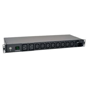 tripp lite metered pdu, 3.8kw single-phase, 200/220/230/240v, 10 outlets (8 c13, 2 c19) iec-309 16a blue, 8ft cord, 1u rack-mount power, taa (pdumh16hv)