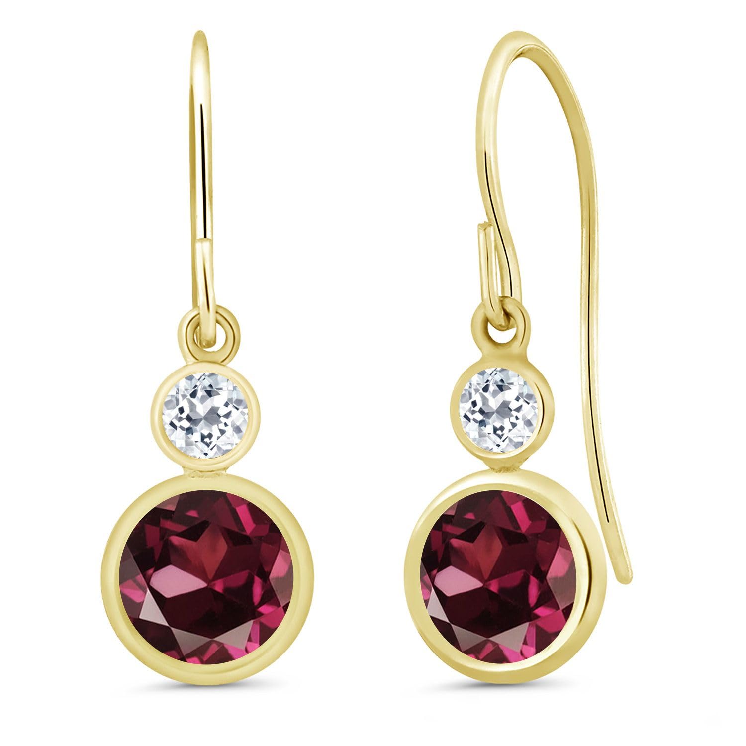 Gem Stone King 14K Yellow Gold Red Rhodolite Garnet and White Topaz Drop Dangle Earrings For Women (2.28 Cttw, Gemstone January Birthstone, Round 6MM and 3MM)