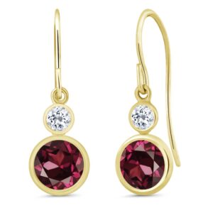 Gem Stone King 14K Yellow Gold Red Rhodolite Garnet and White Topaz Drop Dangle Earrings For Women (2.28 Cttw, Gemstone January Birthstone, Round 6MM and 3MM)