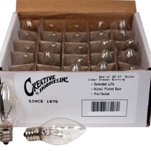 Creative Hobbies (25 Pack Night Light Bulbs, C7, Clear, Steady Burning, 4 Watt, Candelabra Base E12 (Chandelier Size Base)