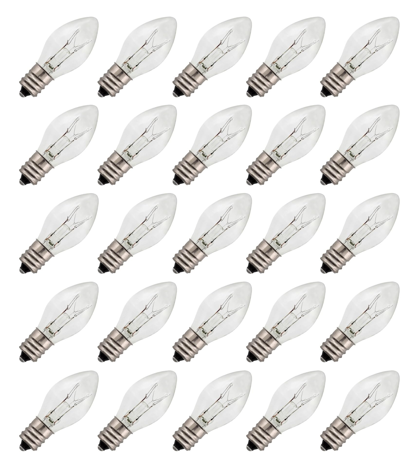 Creative Hobbies (25 Pack Night Light Bulbs, C7, Clear, Steady Burning, 4 Watt, Candelabra Base E12 (Chandelier Size Base)