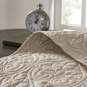 Madison Park Quebec Reversible Quilt Set Damask Design, Double Sided Stitching All Season, Lightweight Bedspread Bedding Set, Matching Sham, Khaki, King(120"x118") 3 Piece