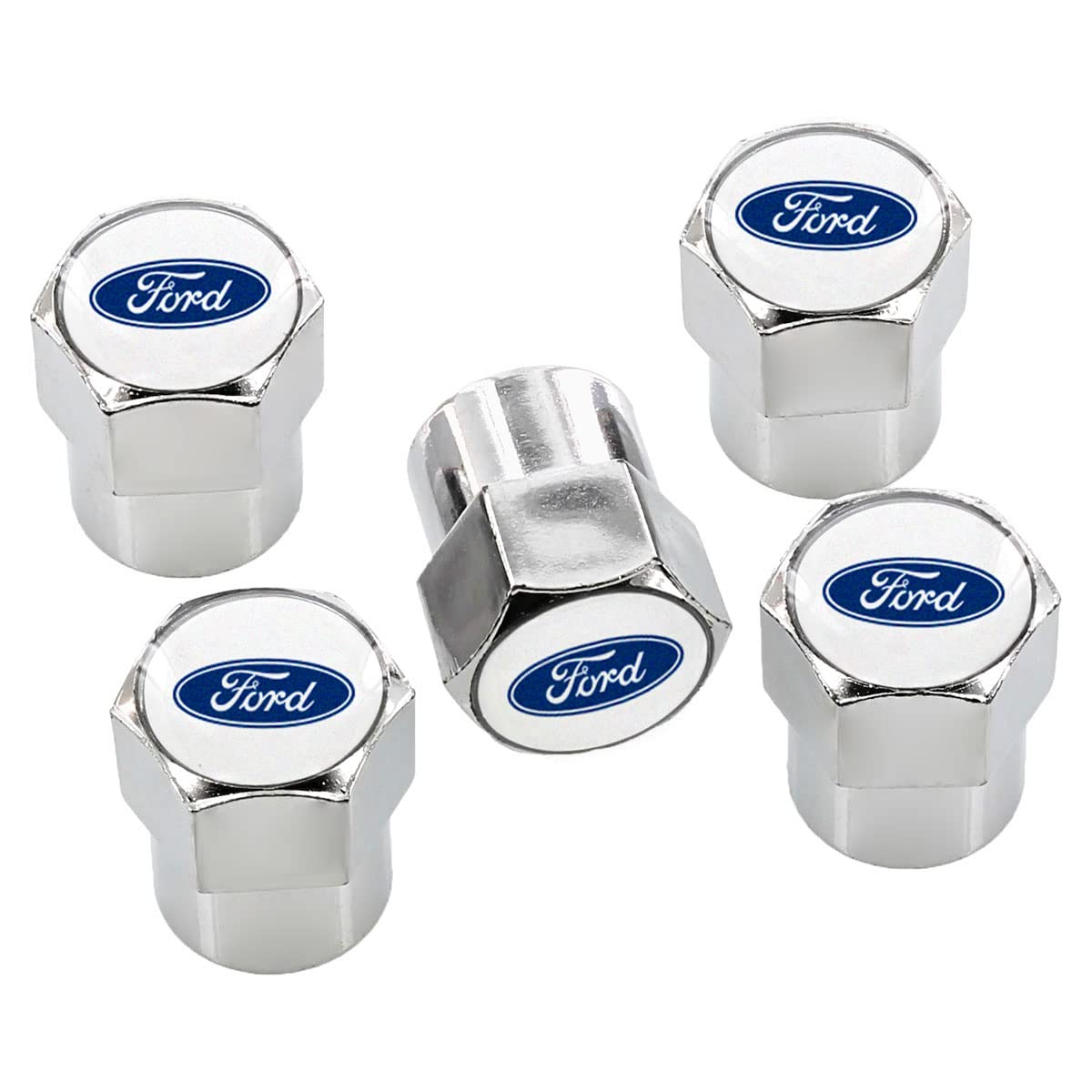 License Frame Inc. Ford Blue Logo Chrome Valve Cap Covers