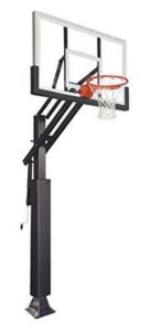 game changer in-ground adjustable basketball goal hoop with 60" glass backboard system for outdoor basketball courts with post & backboard pad