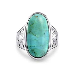 personalize southwest boho style large dome oval cabochon gemstone bezel set blue turquoise western statement ring for women filigree scroll band .925 sterling silver customizable