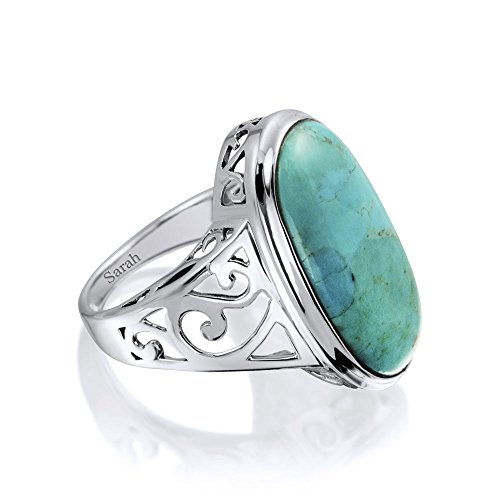 Personalize Southwest Boho Style Large Dome Oval Cabochon Gemstone Bezel Set Blue Turquoise Western Statement Ring For Women Filigree Scroll Band .925 Sterling Silver Customizable