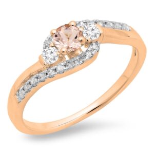 dazzlingrock collection round morganite & white diamond bypass swirl 3 stone engagement ring in 14k rose gold, size 7.5