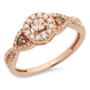 dazzlingrock collection morganite,champagne & white diamond 3 stone swirl halo engagement ring in 10k rose gold, size 7