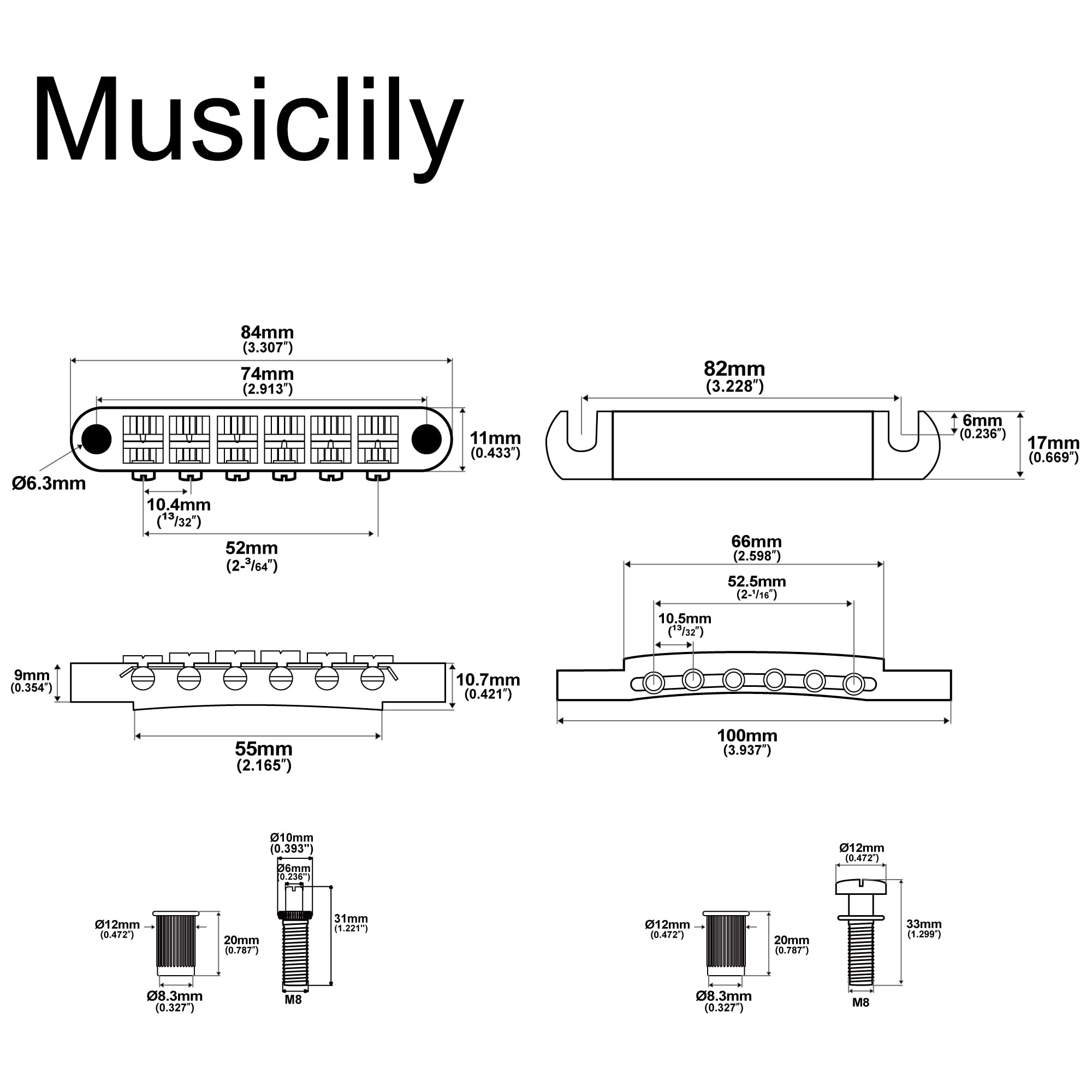 Musiclily Guitar Tune-O-Matic Bridge and Stop Bar Tailpiece with Anchors and Studs Set for Epiphone Les Paul LP SG Style 6 String Electric Guitar,Chrome