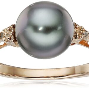 Amazon Collection Rose Gold with Diamond Over Silver 8-9mm Round Black Tahitian Cultured Pearl Ring, Size7