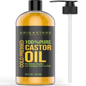 aria starr castor oil cold pressed - 16 fl oz - 100% pure hair oil for hair growth, face, skin moisturizer, scalp, thicker eyebrows and eyelashes