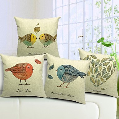 【Bailand】 Set of 4 Country Lovely Birds Cotton/Linen Decorative Pillow Cover (18 * 18(inch) Set of 4, Multi-Colored)