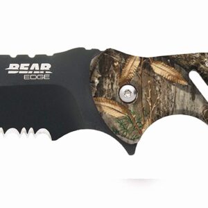 Bear Edge Brisk 1.0 Full Tang Knife, 4-7/8” 440 High Carbon Black Stainless Steel Partial Serrated Blade, Camo Handle with Ballistic Sheath (61515)