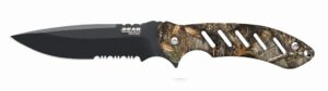 bear edge brisk 1.0 full tang knife, 4-7/8” 440 high carbon black stainless steel partial serrated blade, camo handle with ballistic sheath (61515)