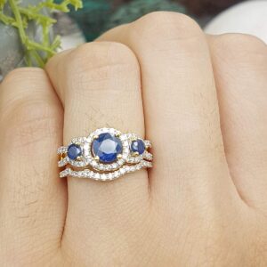 Dazzlingrock Collection Round Blue Sapphire & White Diamond Ladies 3 Stone Halo Wedding Ring Set 14K Yellow Gold, Size 7