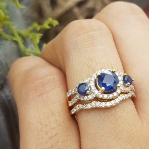 Dazzlingrock Collection Round Blue Sapphire & White Diamond Ladies 3 Stone Halo Wedding Ring Set 14K Yellow Gold, Size 7