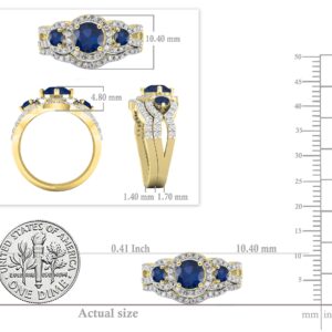 Dazzlingrock Collection Round Blue Sapphire & White Diamond Ladies 3 Stone Halo Wedding Ring Set 14K Yellow Gold, Size 7