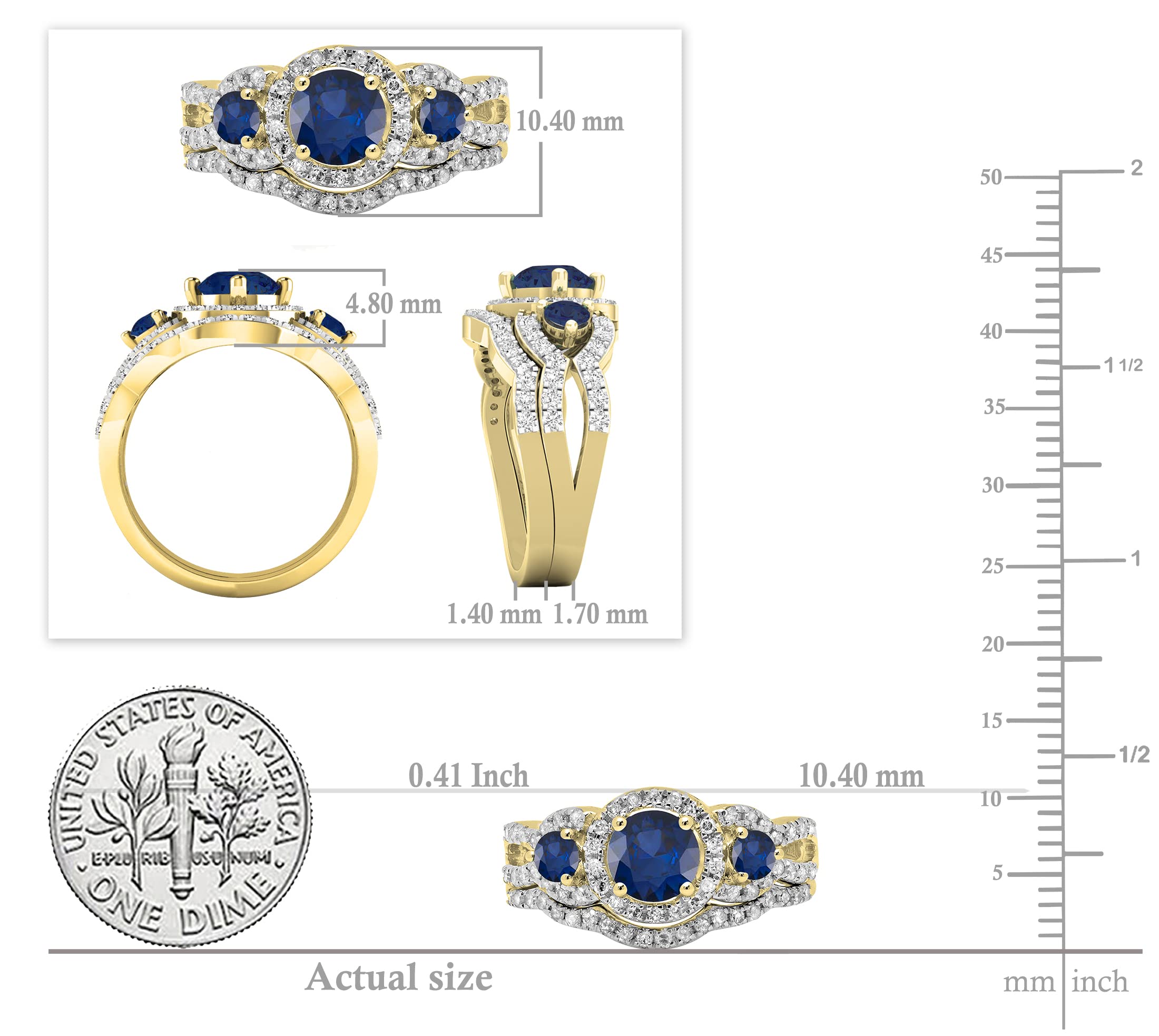 Dazzlingrock Collection Round Blue Sapphire & White Diamond Ladies 3 Stone Halo Wedding Ring Set 14K Yellow Gold, Size 7