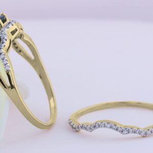 Dazzlingrock Collection Round Blue Sapphire & White Diamond Ladies 3 Stone Halo Wedding Ring Set 14K Yellow Gold, Size 7