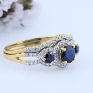 Dazzlingrock Collection Round Blue Sapphire & White Diamond Ladies 3 Stone Halo Wedding Ring Set 14K Yellow Gold, Size 7