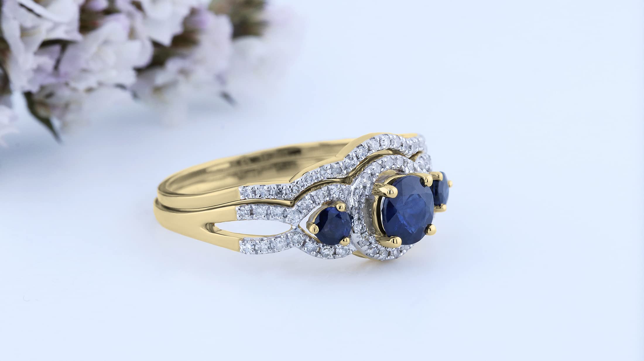 Dazzlingrock Collection Round Blue Sapphire & White Diamond Ladies 3 Stone Halo Wedding Ring Set 14K Yellow Gold, Size 7