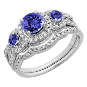 dazzlingrock collection round tanzanite & white diamond ladies 3 stone halo wedding ring set 14k white gold, size 6