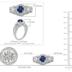 Dazzlingrock Collection Round Blue Sapphire & White Diamond 3 Stone Halo Wedding Ring Set for Women in 14K White Gold Size 6