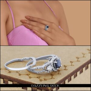 Dazzlingrock Collection Round Blue Sapphire & White Diamond 3 Stone Halo Wedding Ring Set for Women in 14K White Gold Size 6