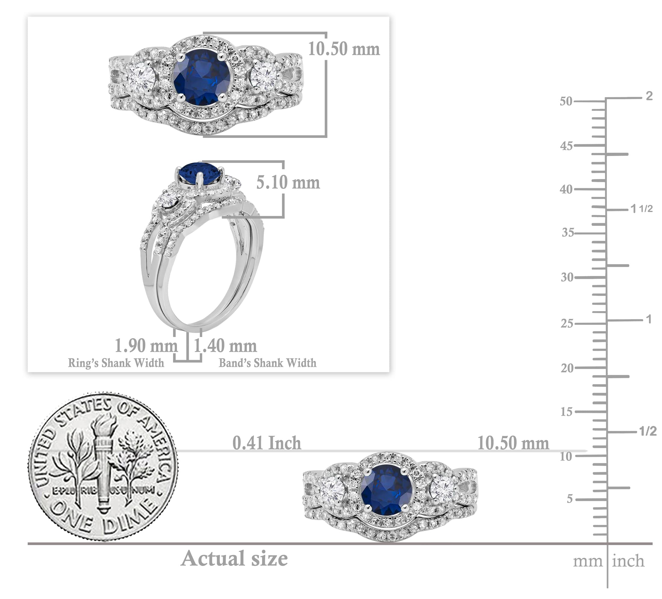 Dazzlingrock Collection Round Blue Sapphire & White Diamond 3 Stone Halo Wedding Ring Set for Women in 14K White Gold, Size 6.5