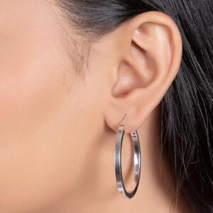 Simple Large Round Flat Square Tube Big Hoop Earrings For Women .925 Sterling Silver Hinged Notched Post 1.65 Inch Diameter