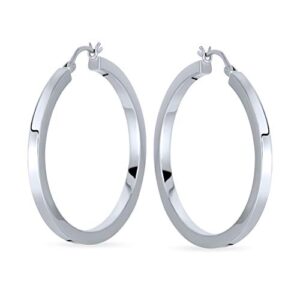 Simple Large Round Flat Square Tube Big Hoop Earrings For Women .925 Sterling Silver Hinged Notched Post 1.65 Inch Diameter