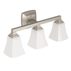 moen voss brushed nickel 3-light dual-mount bathroom vanity fixture with frosted glass, bath lighting above sink, yb5163bn