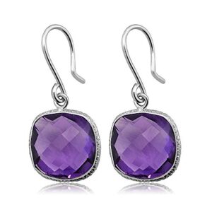 gem stone king 925 sterling silver purple amethyst dangle earrings for women (12.00 cttw, gemstone birthstone, cushion checkerboard cut 12mm)