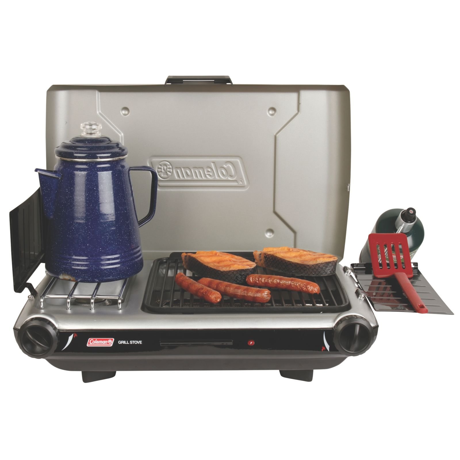 Coleman Tabletop 2-in-1 Grill & Stove with 2 Adjustable Burners, Propane Grill/Stove with Push-Button Starter, Wind Guards, Grease Tray, & 20,000 BTUs of Power for Camping, Tailgating, & More