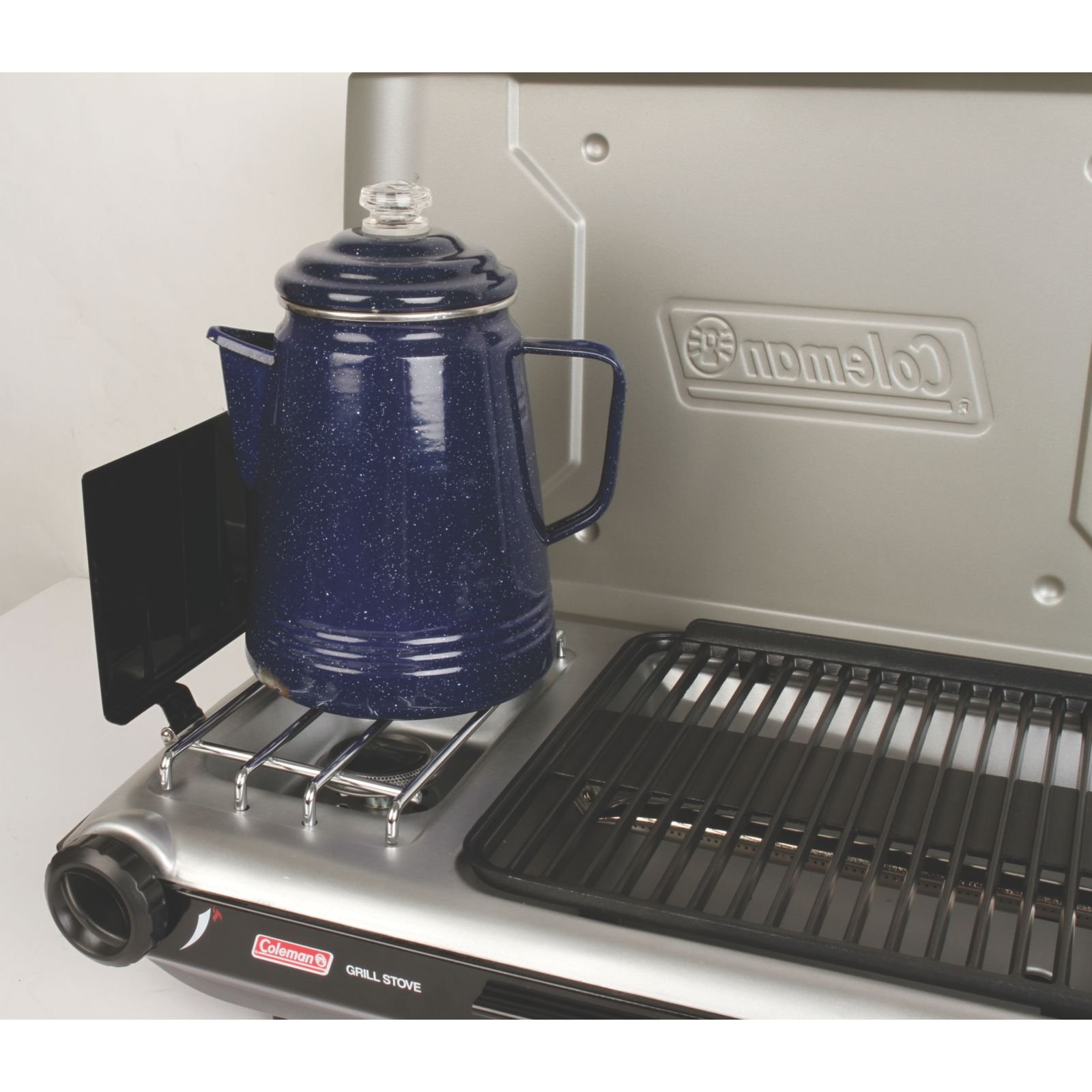 Coleman Tabletop 2-in-1 Grill & Stove with 2 Adjustable Burners, Propane Grill/Stove with Push-Button Starter, Wind Guards, Grease Tray, & 20,000 BTUs of Power for Camping, Tailgating, & More