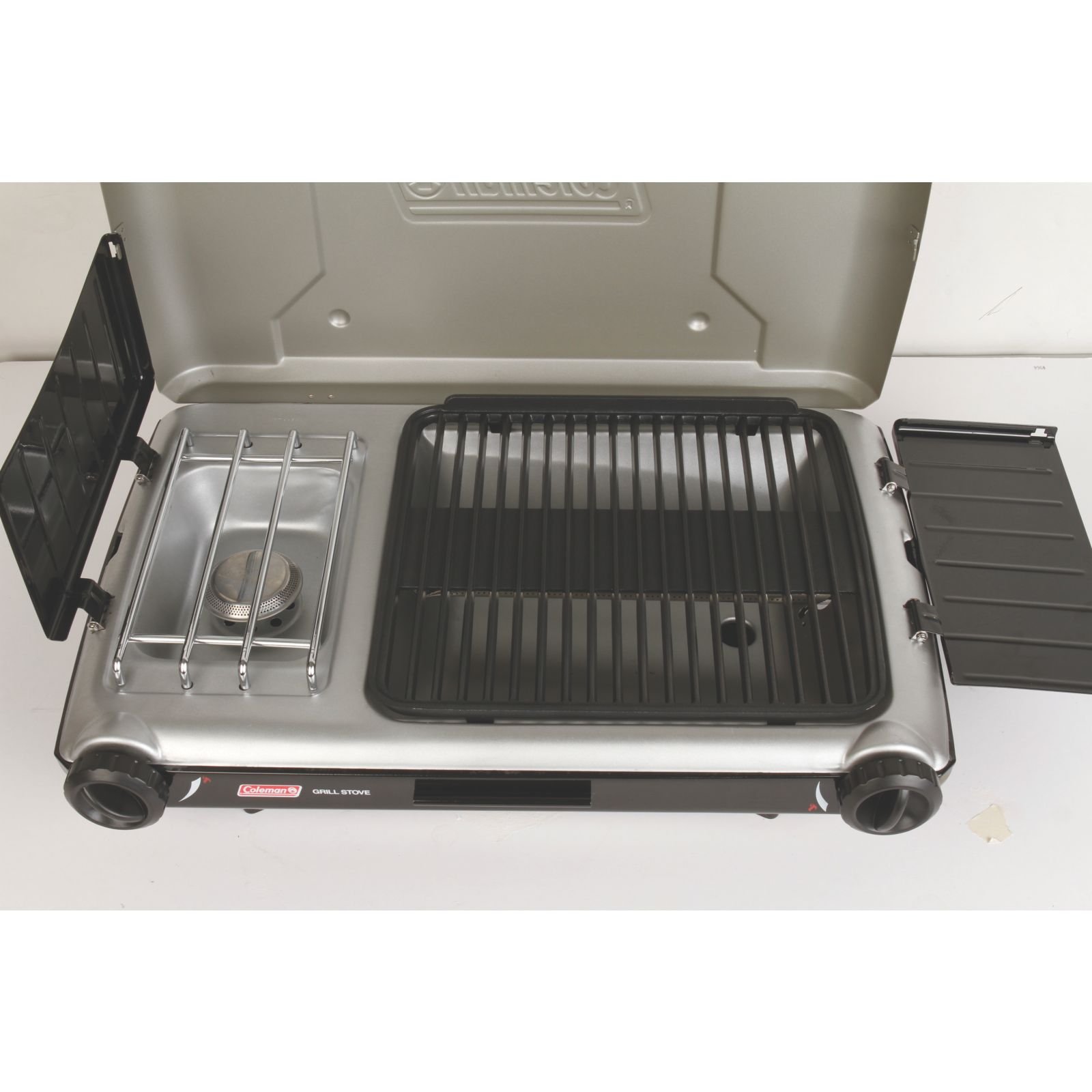 Coleman Tabletop 2-in-1 Grill & Stove with 2 Adjustable Burners, Propane Grill/Stove with Push-Button Starter, Wind Guards, Grease Tray, & 20,000 BTUs of Power for Camping, Tailgating, & More