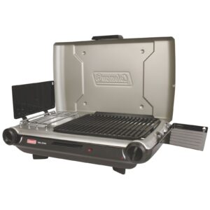 Coleman Tabletop 2-in-1 Grill & Stove with 2 Adjustable Burners, Propane Grill/Stove with Push-Button Starter, Wind Guards, Grease Tray, & 20,000 BTUs of Power for Camping, Tailgating, & More