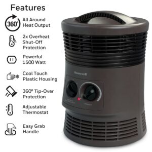 Honeywell HHF360V 360 Degree Surround Fan Forced Heater with Surround Heat Output Charcoal Grey Energy Efficient Portable Heater with Adjustable Thermostat & 2 Heat Settings, Small