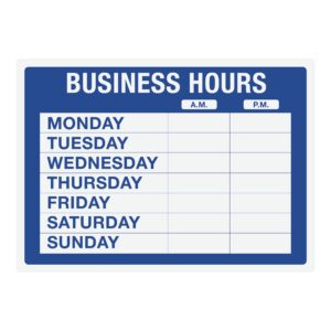 cosco static cling sign, business hours, 10" x 14", blue and white (098023)