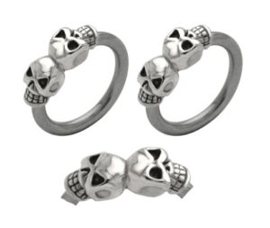 pair of double 2 skull skeleton hypoallergenic 316l stainless steel surgical steel captive bead ring lip, belly, nipple, cartilage, tragus, earring body jewelry piercing hoop - 16 gauge, 3/8" (10mm) 16g