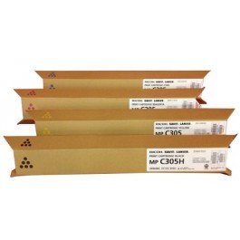 oem ricoh brand set of 4 laser toner cartridges includes: 1 841621 black, 1 841591 cyan, 1 841592 magenta, and 1 841593 yellow for use in ricoh aficio, savin, and lanier mp c305 printer